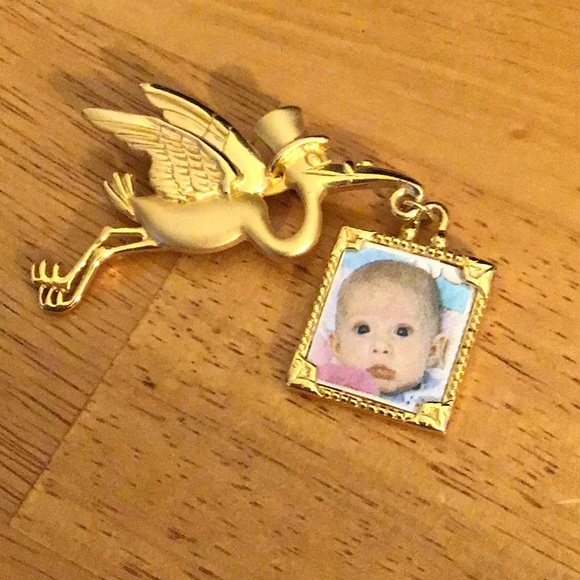 J.J. | Jewelry | Jj Stork Pin With Baby Picture | Poshmark